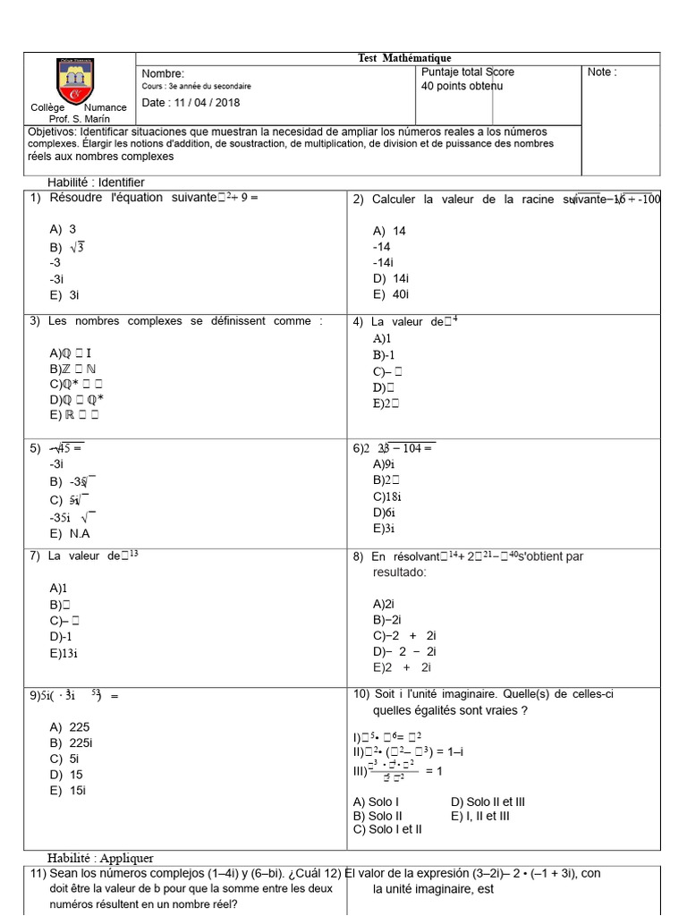 Évaluation de Mathématiques 3ème Année Nombres Complexes | PDF | Racine carrée | Nombre complexe