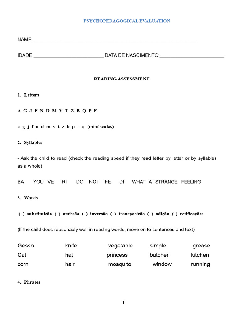 Reading and Writing Assessment (1st and 2nd Grade - 2nd and 3rd Year ...