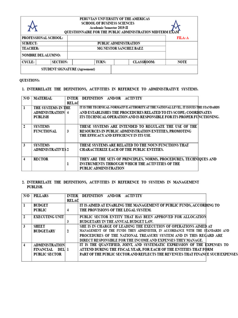 Questionnaire For The Midterm Exam in Public Administration | PDF ...