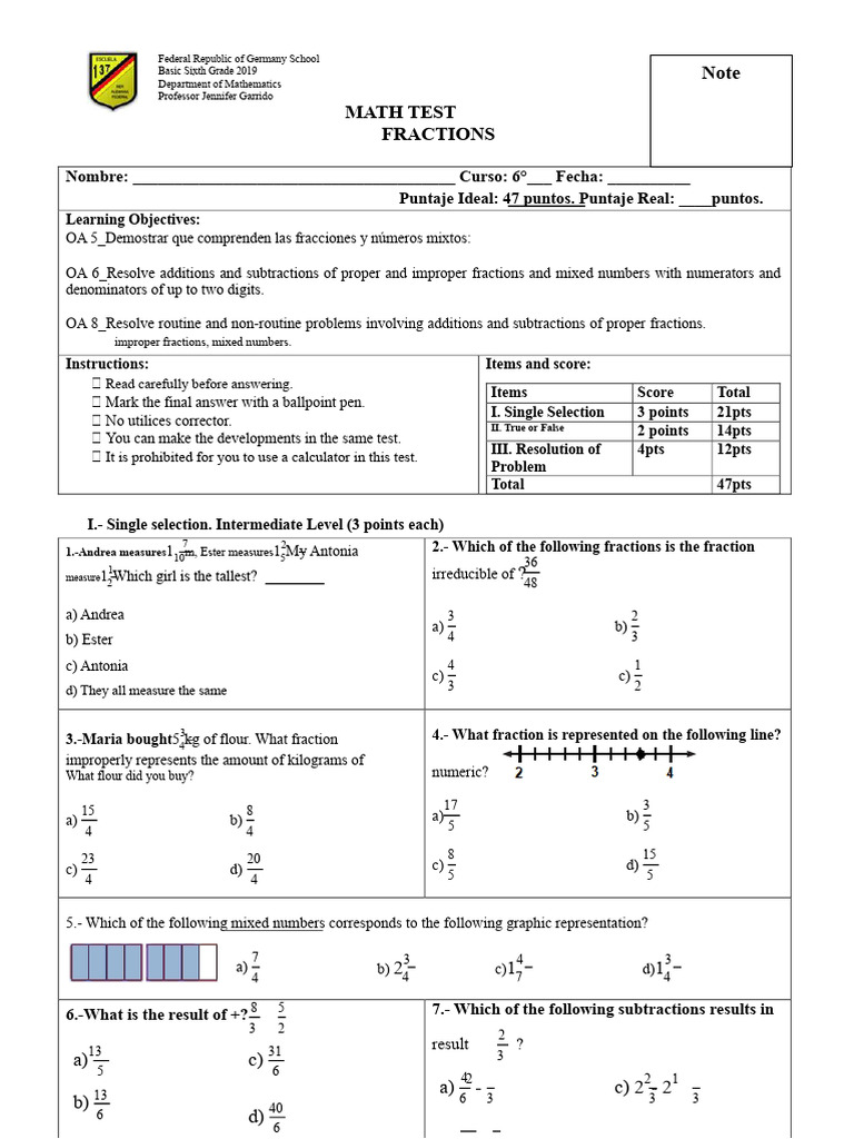 Fraction Test For Fifth Grade | PDF | Numbers | Number Theory