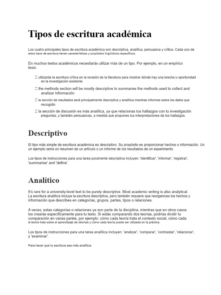 Tipos de Escritura Académica: Guía Completa | PDF | Argumento | Escritura