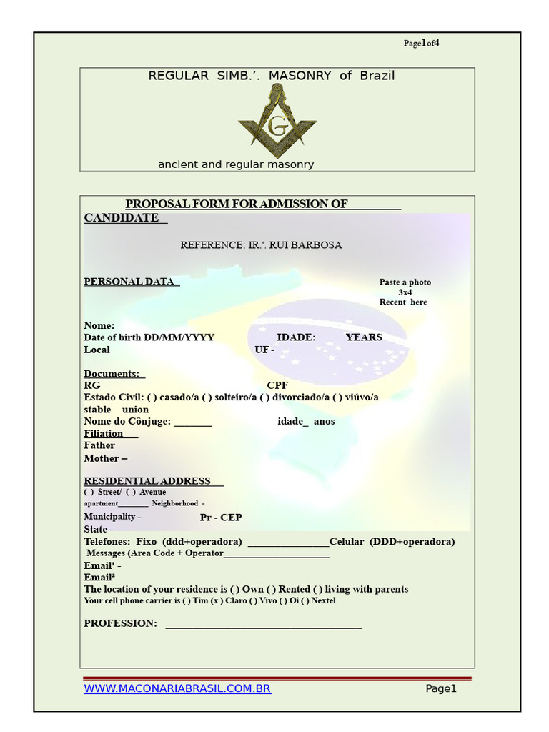 A - Masonic Registration Form Brazil | PDF | Freemasonry | Masonic Lodge