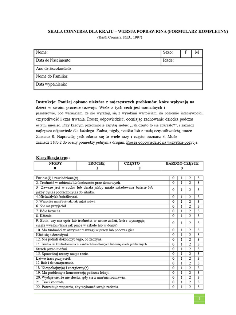 Skala Connersów Dla Rodziców PDF | PDF
