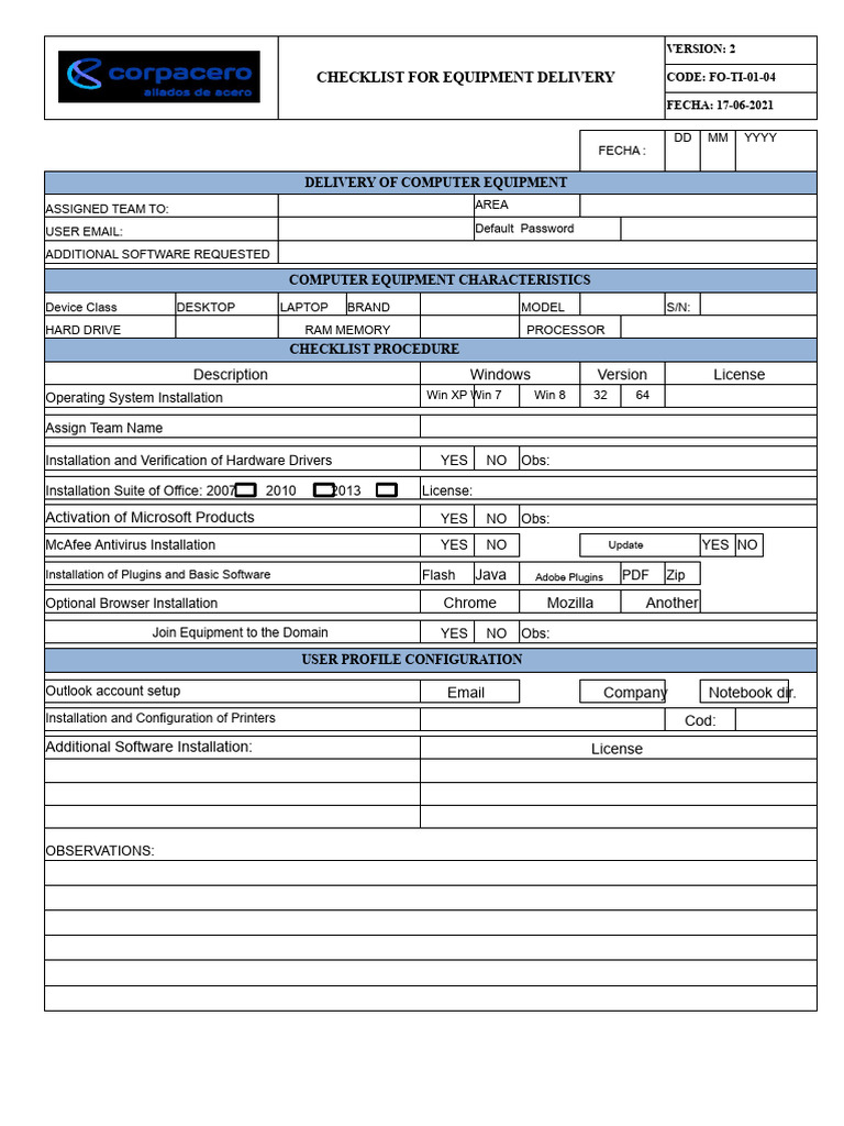 Equipment Delivery Checklist Template | PDF | Operating System | Software