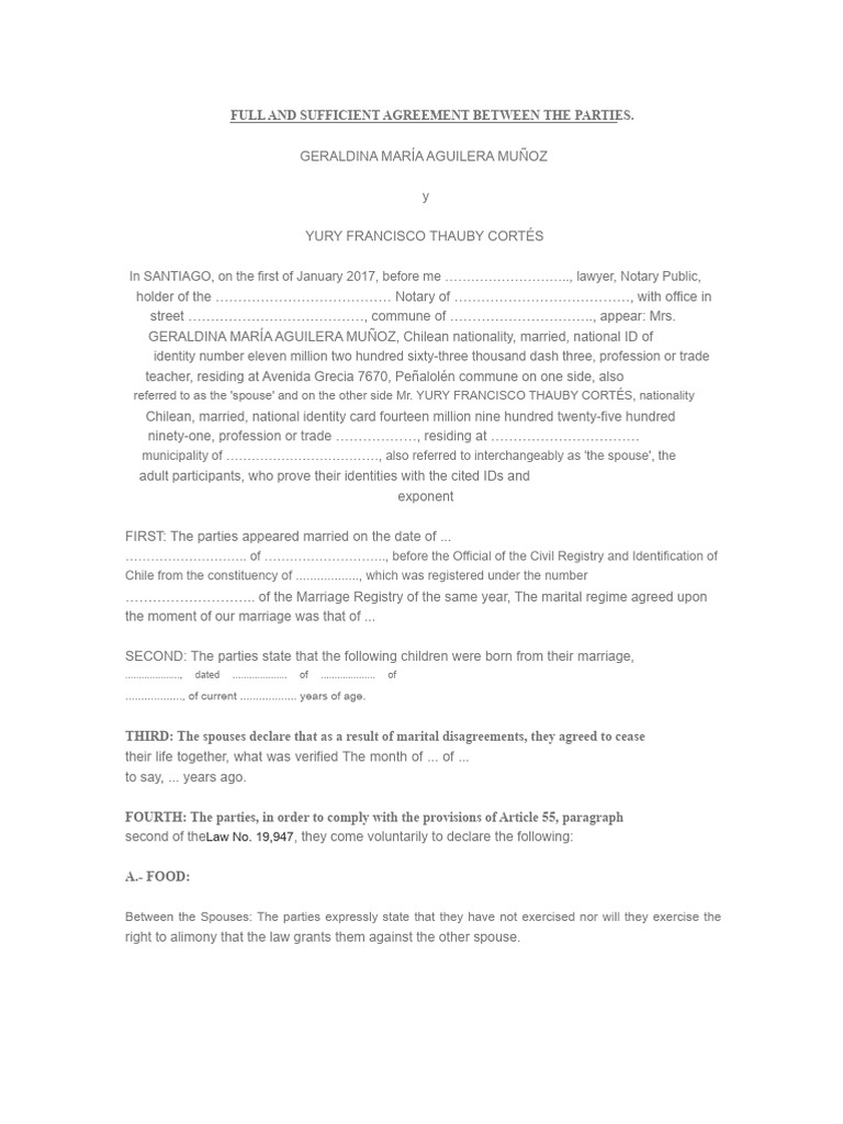 Full and Sufficient Agreement | PDF | Alimony | Family