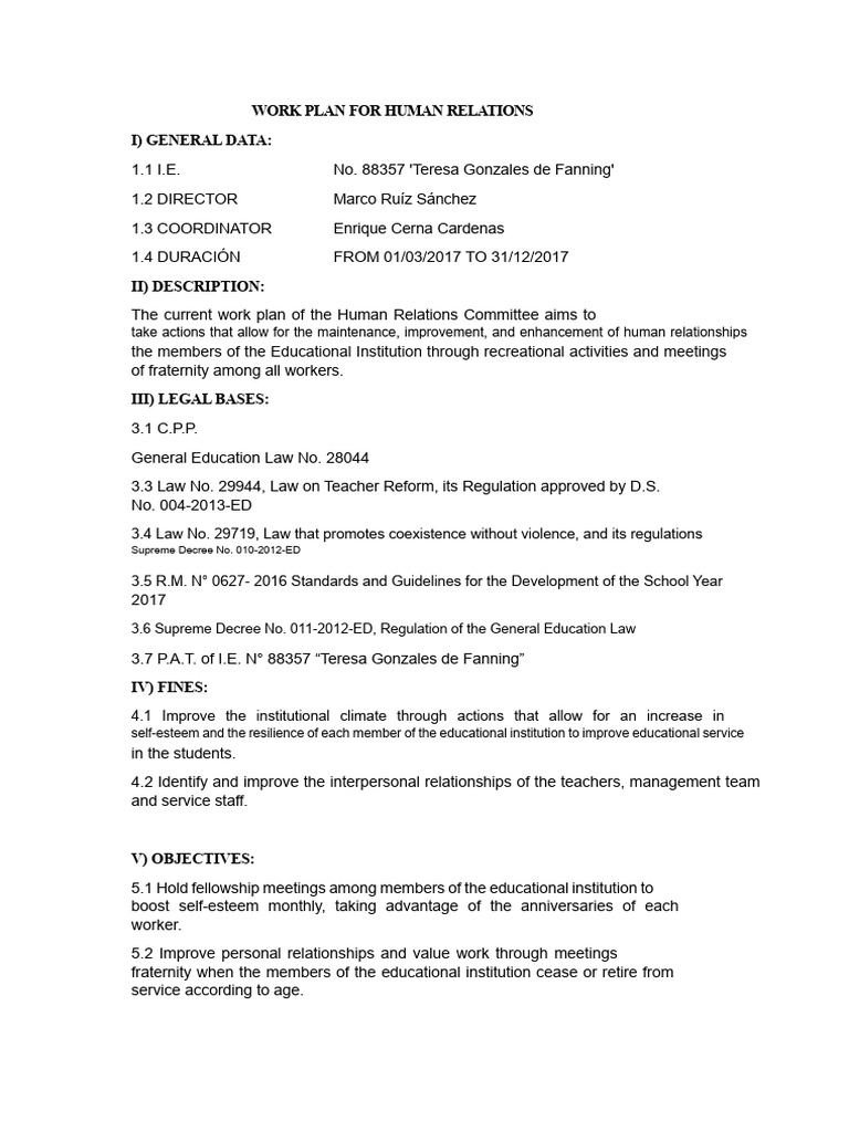 Human Relations Work Plan 2017 | PDF