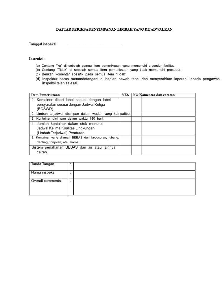 Daftar Periksa Penyimpanan Limbah | PDF