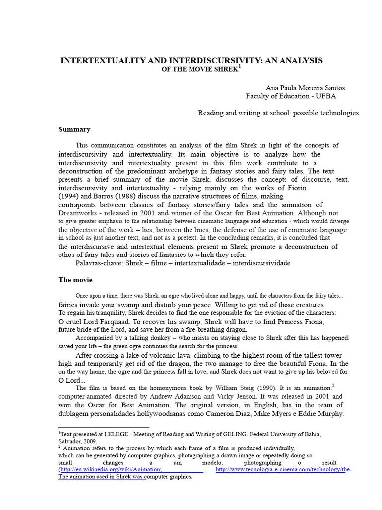 Shrek: Intertextuality and Interdiscursivity Analysis | PDF