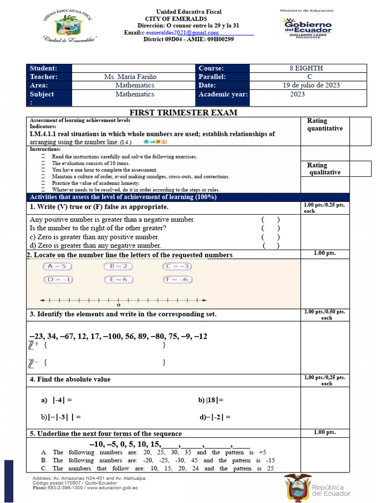 TRIMESTER MATH EXAM 8c | PDF | Numbers | Mathematics
