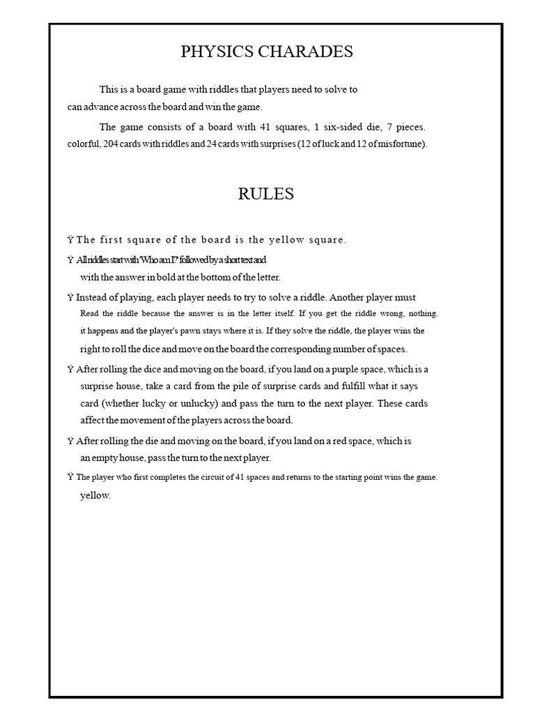 Physics Charades Board Game Rules | PDF | Nuclear Physics | Atoms
