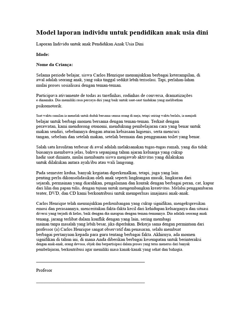 Model Laporan Individual untuk Pendidikan Anak Usia Dini dalam WORD | PDF