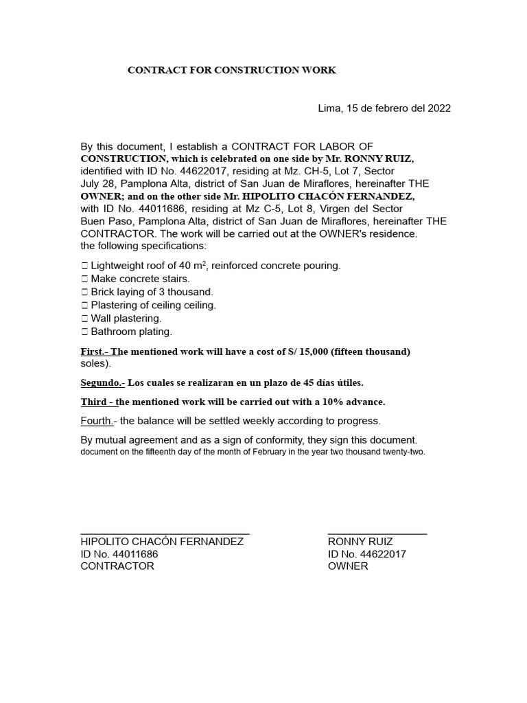 Construction Labor Contract Agreement | PDF | Masonry | Building Materials