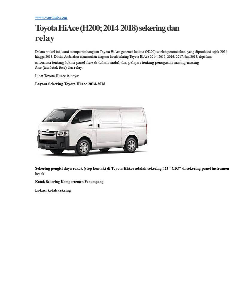 Sekering dan Relay Toyota HiAce H200 | PDF