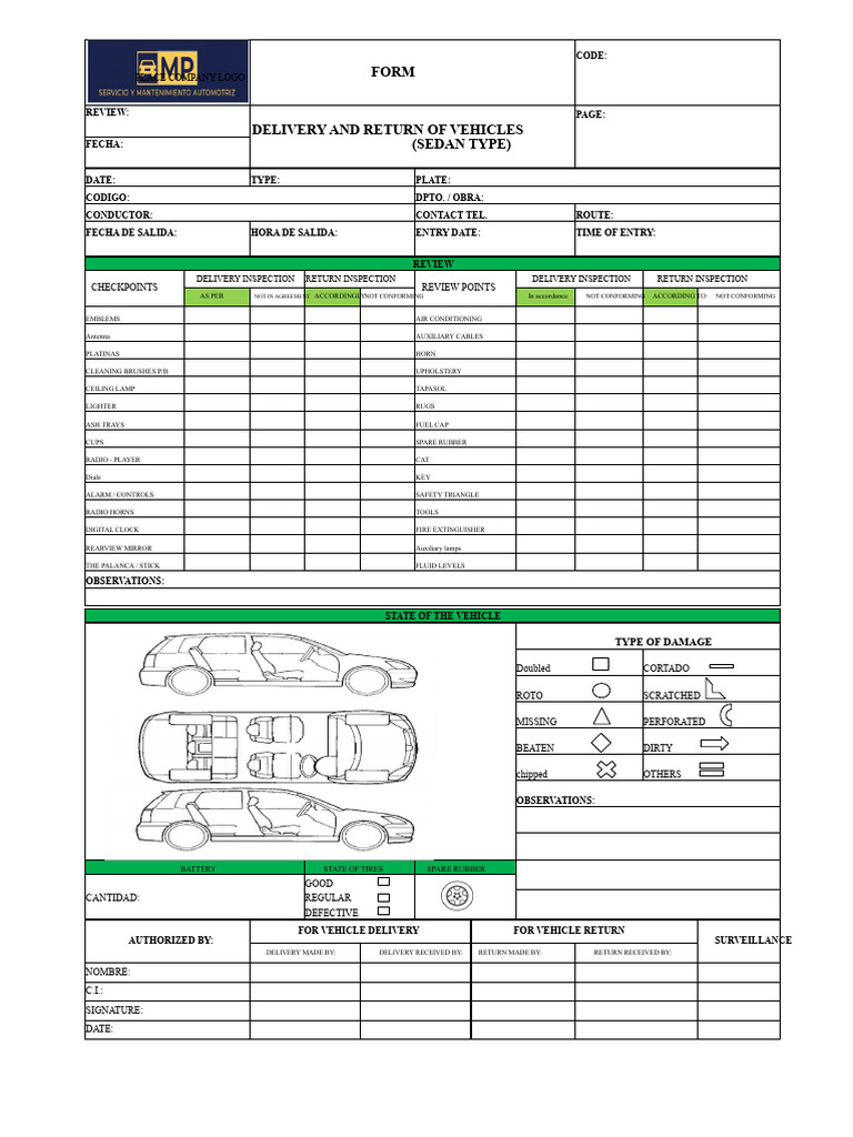 Dokumen - Tips Delivery and Return Vehicle Check List Format Sedan Type ...
