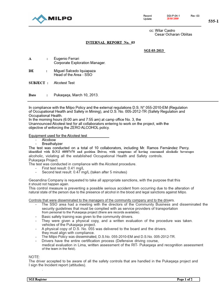10-03-13 Alcotest Test Report | PDF | Safety