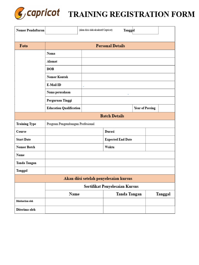 Formulir Pendaftaran Pelatihan | PDF