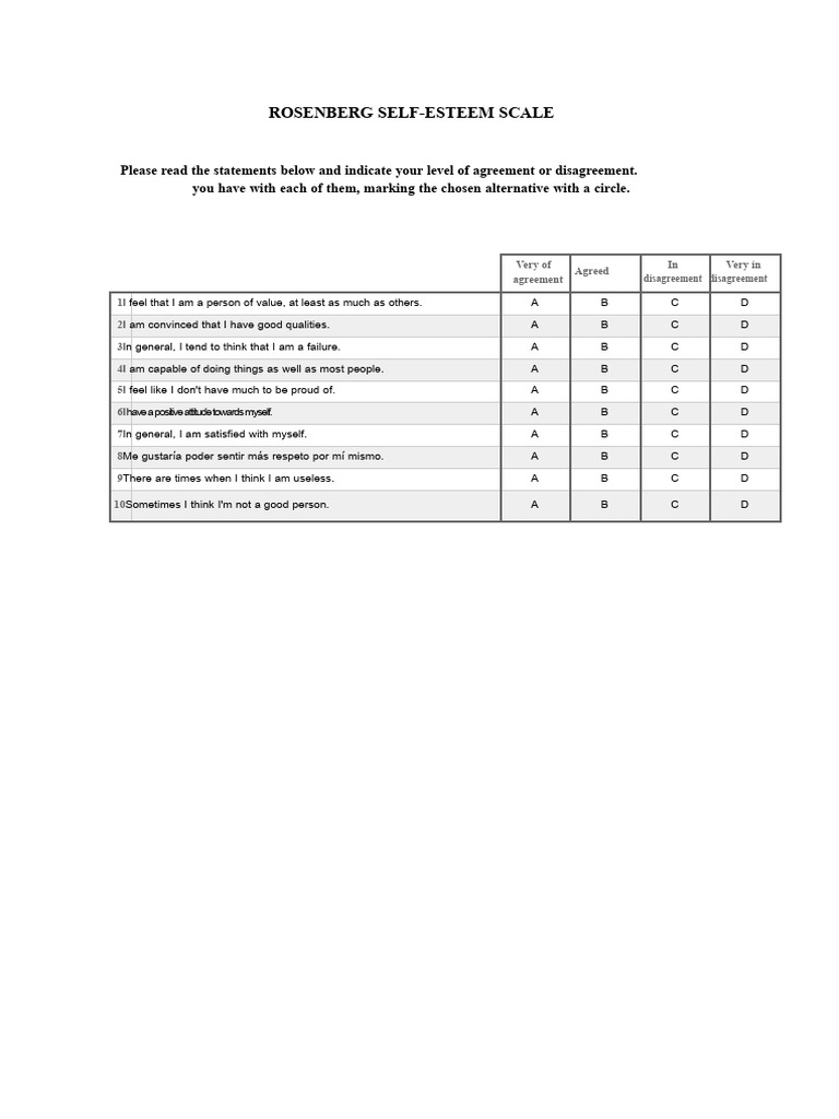 Rosenberg Self-Esteem Scale PDF | PDF | Self Esteem | Liberal Arts ...