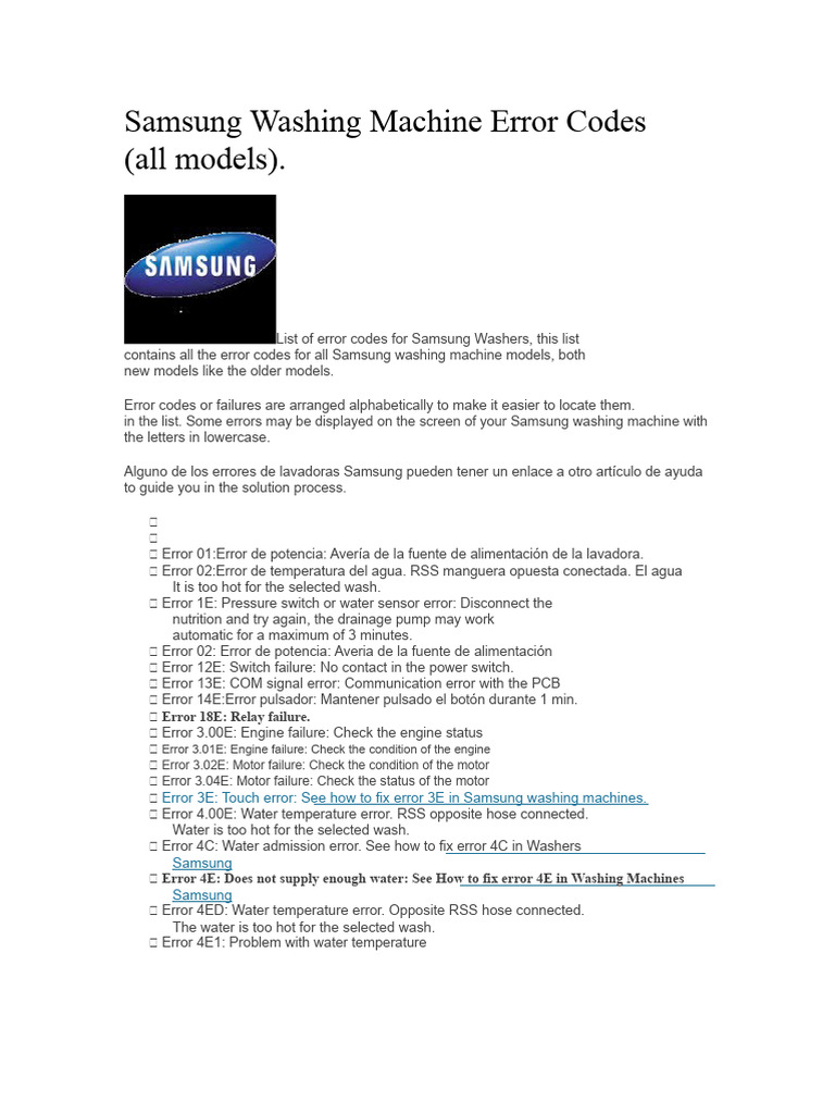 Samsung Washer Error Codes Guide | PDF | Washing Machine | Electrical ...