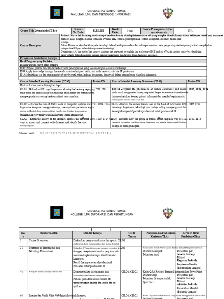 Rencana Kursus ELE LITE (Hidup di Era TI) | PDF