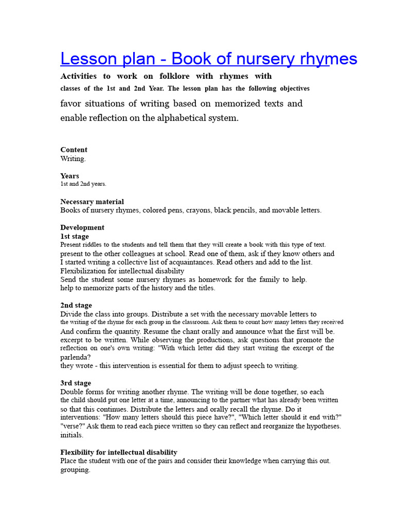 Nursery Rhymes Lesson Plan for Kids | PDF | Writing | Learning