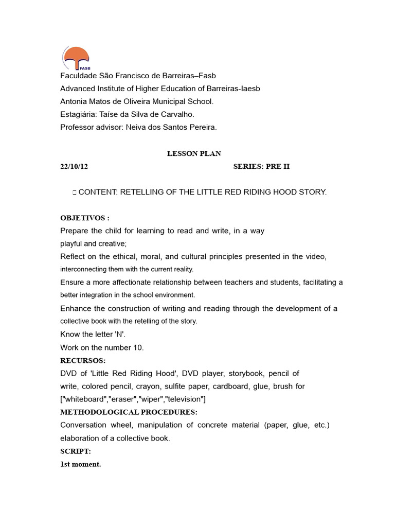 Lesson Plan 1 Day - Little Red Riding Hood | PDF