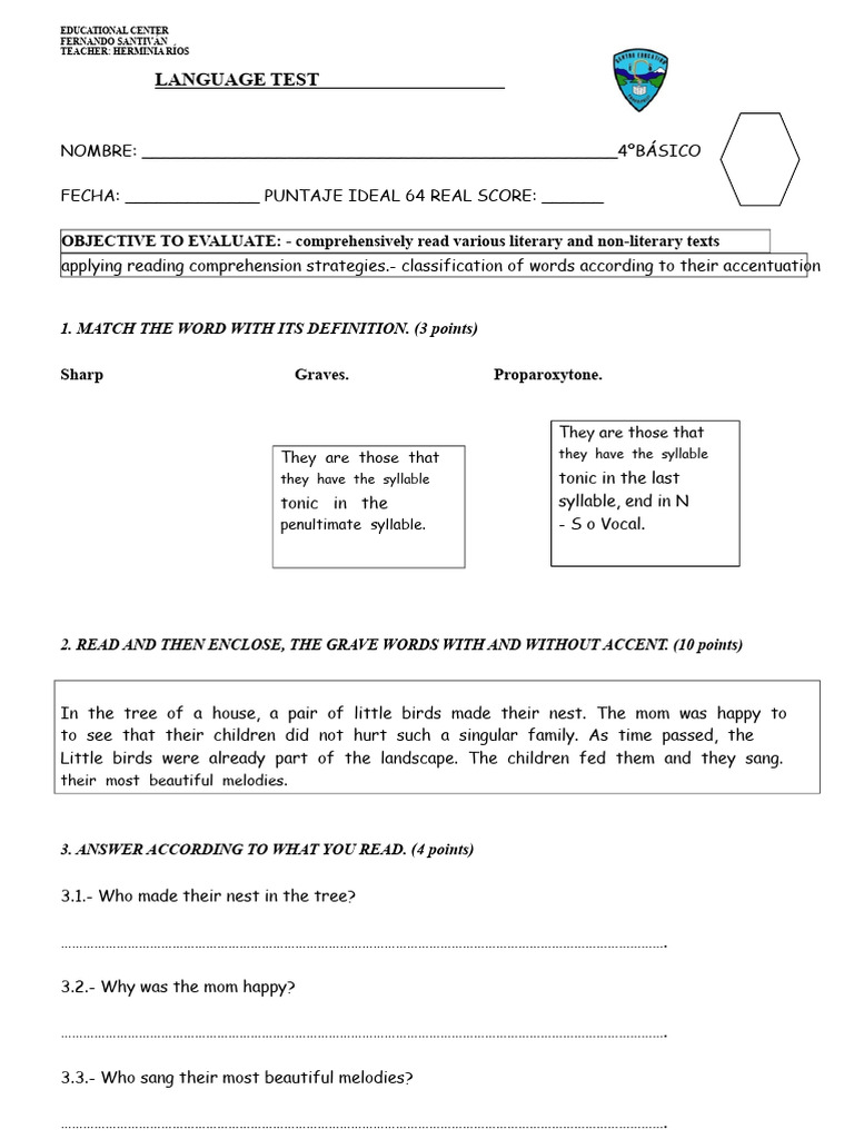 4th Grade Language Test on Reading Skills | PDF | Stress (Linguistics ...