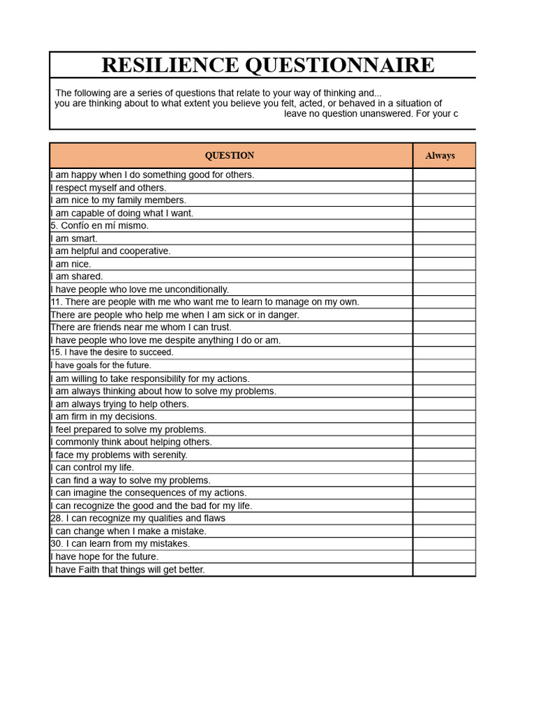 Resilience Questionnaire for Youth Assessment | PDF | Psychological ...