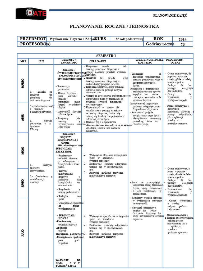 Wfiz. Planowanie - 8 Klasa | PDF
