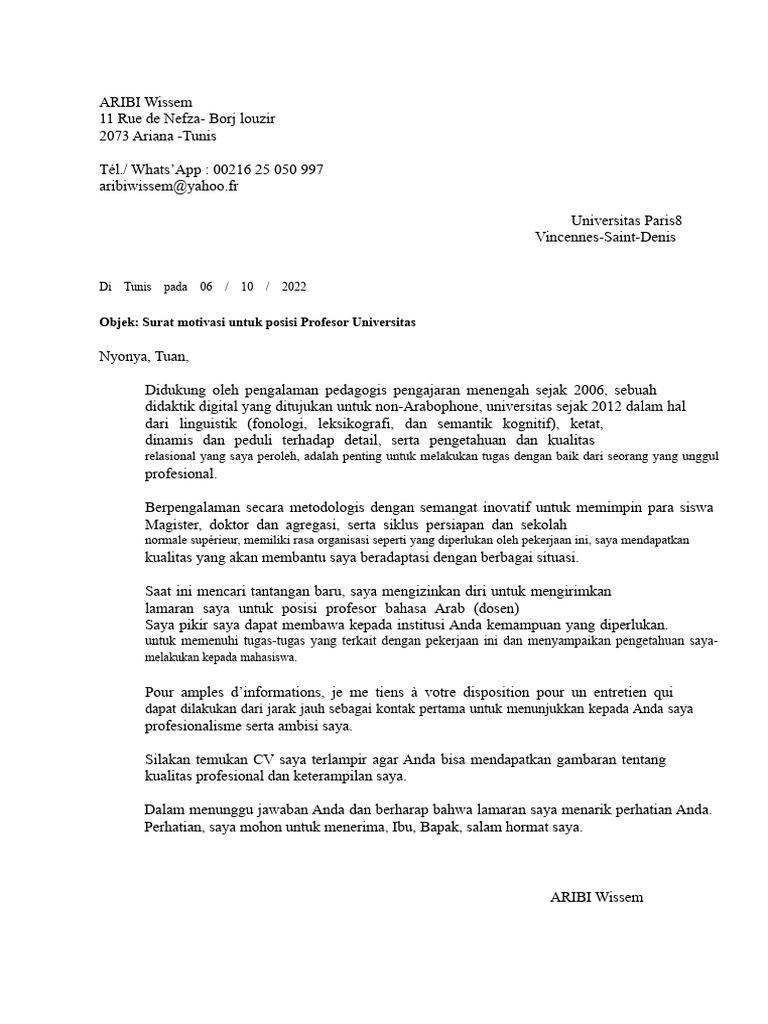 surat motivasi Wissem ARIBI Tunisia | PDF