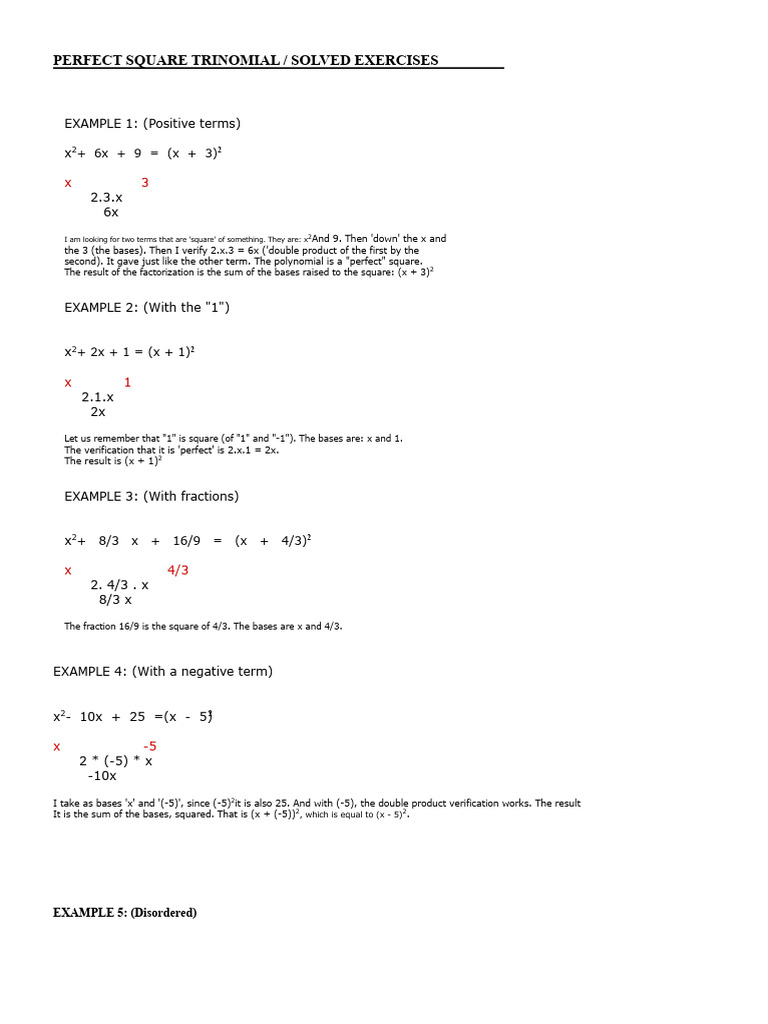 Perfect Square Trinomial Explanation and Exercises | PDF | Numbers ...