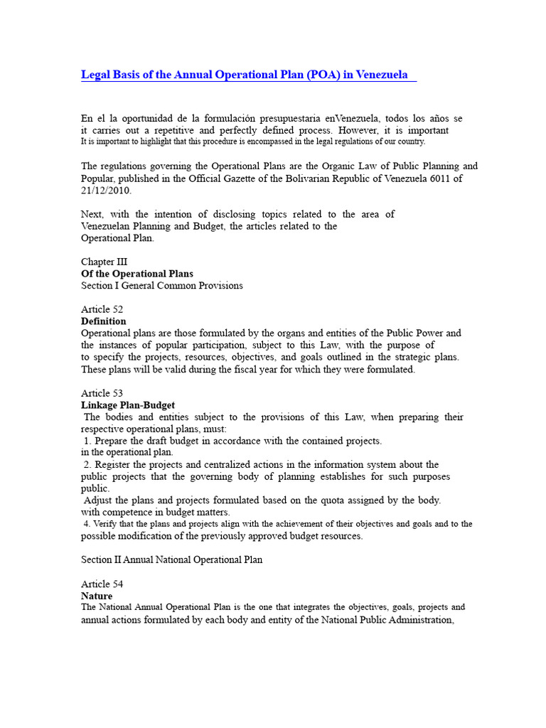 Legal Basis of the Annual Operational Plan (POA) in Venezuela | PDF ...