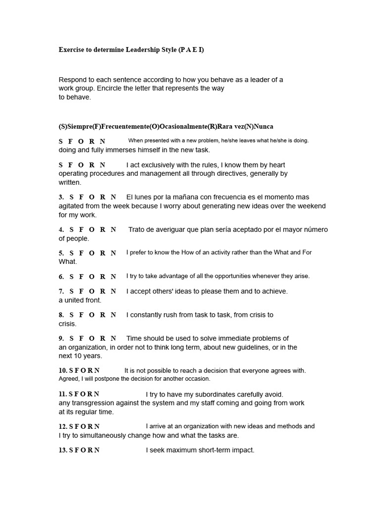Exercise To Determine The PAEI Leadership Style | PDF | Leadership ...