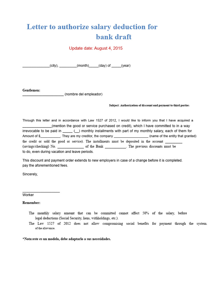 Authorization Letter For Payroll Deduction | PDF
