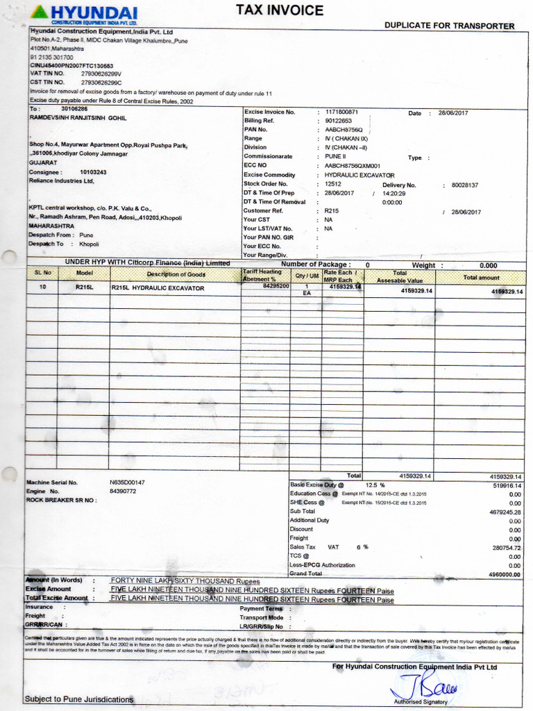 Hyundai Excavator 215 Invoice Bill | PDF
