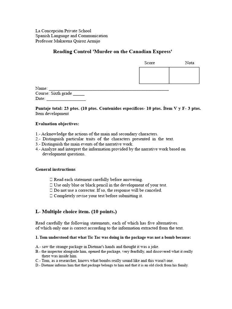 Sixth Grade Murder Mystery Assessment | PDF | Multiple Choice