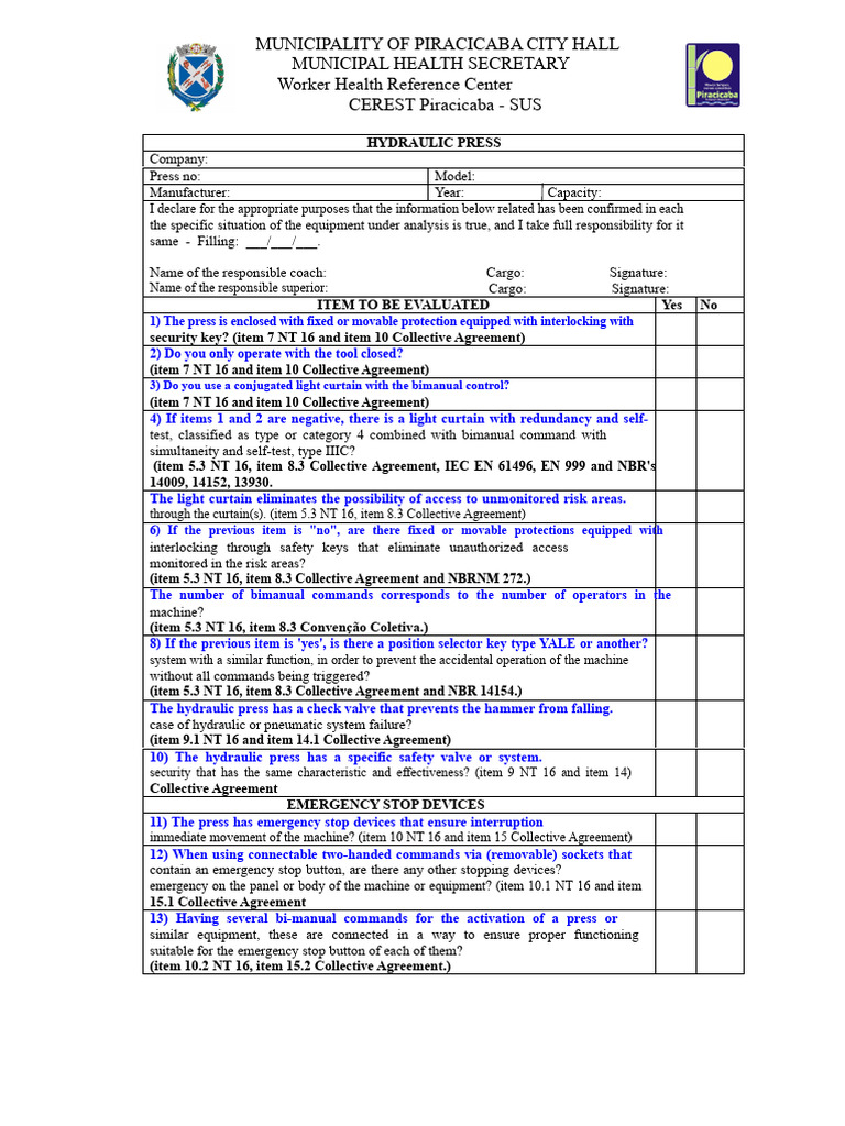 Hydraulic Press Safety Evaluation Checklist | PDF | Programmable Logic ...