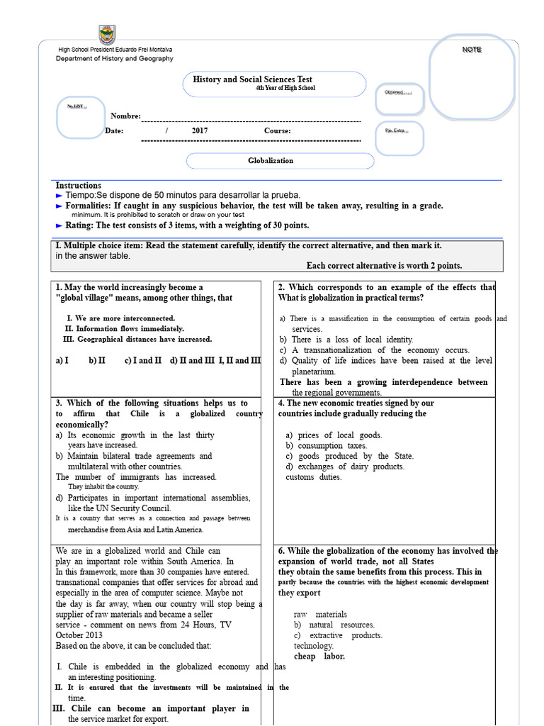 Test 4th Year Middle School The Globalization | PDF | Globalization ...