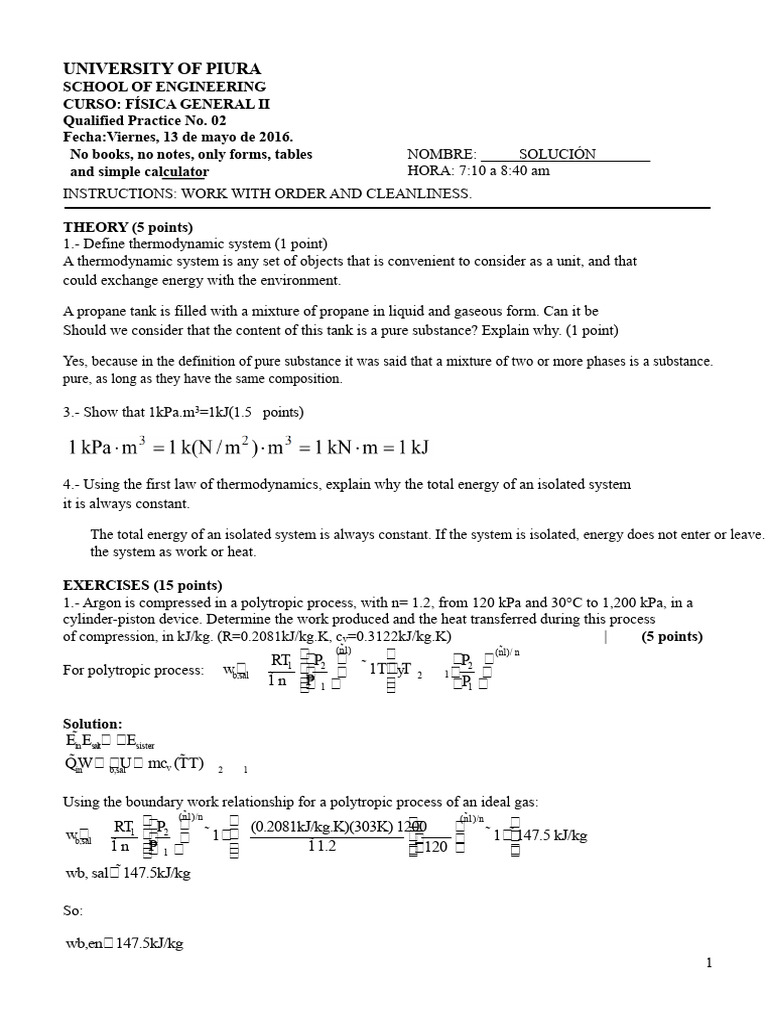 Practice 2 - F2 - 2016I - Solution | PDF | Thermodynamics | Gases