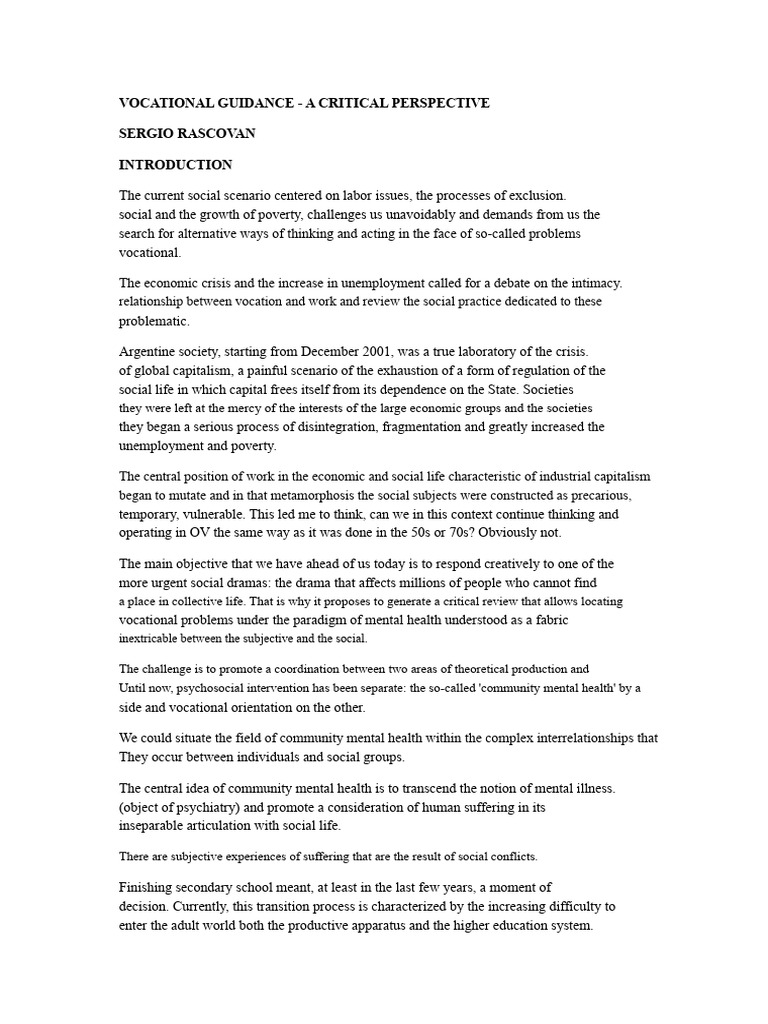 Critical Perspectives on Vocational Guidance | PDF | Adolescence | Thought