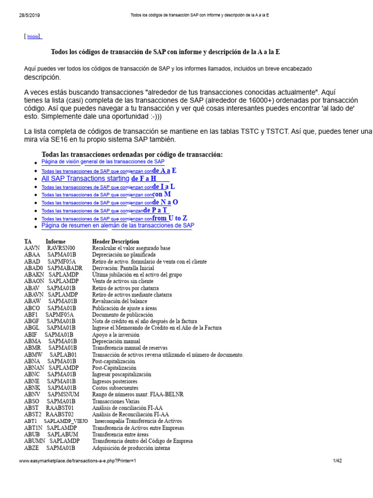 Todos los Códigos de Transacción de SAP con Informe y Descripción de la ...