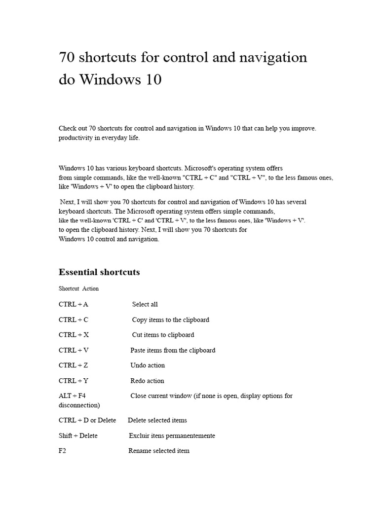 70 Shortcuts For Control and Navigation in Windows 10 | PDF | Window (Computing) | Human ...