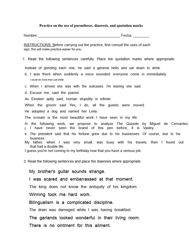 Practice On The Use of Parentheses, Diaeresis, and Quotation Marks | PDF