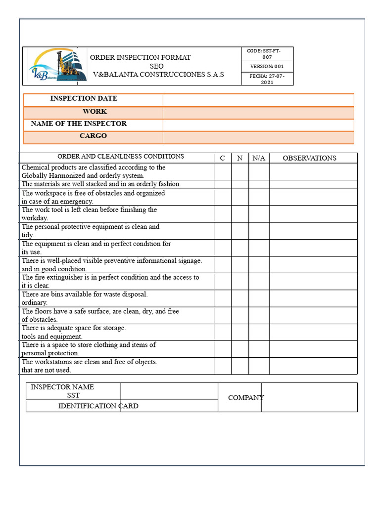 Order and Cleanliness Inspection Format | PDF