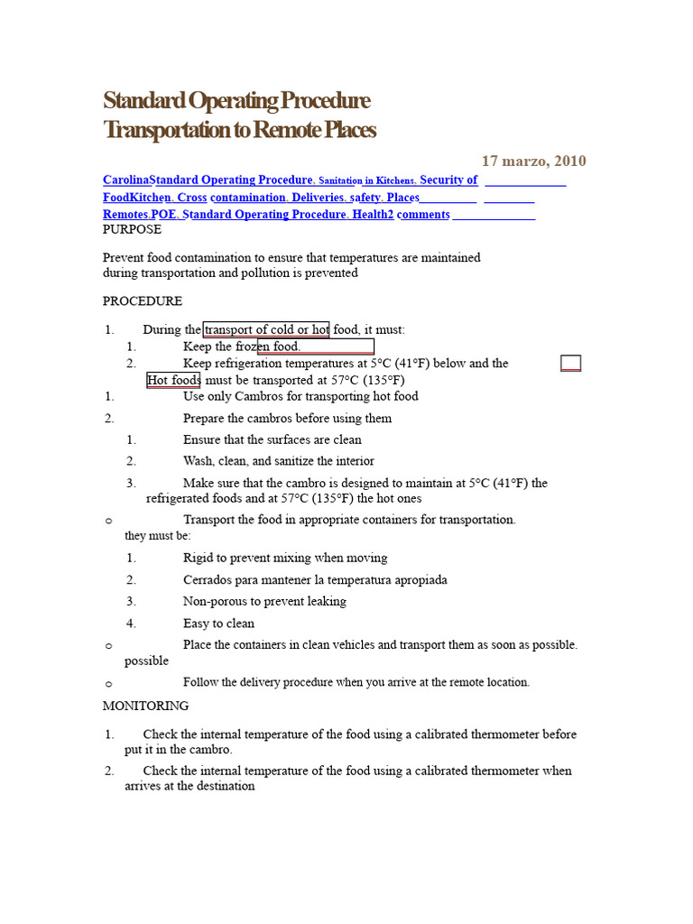 Food Transport SOP for Remote Locations | PDF | Temperature | Thermometer