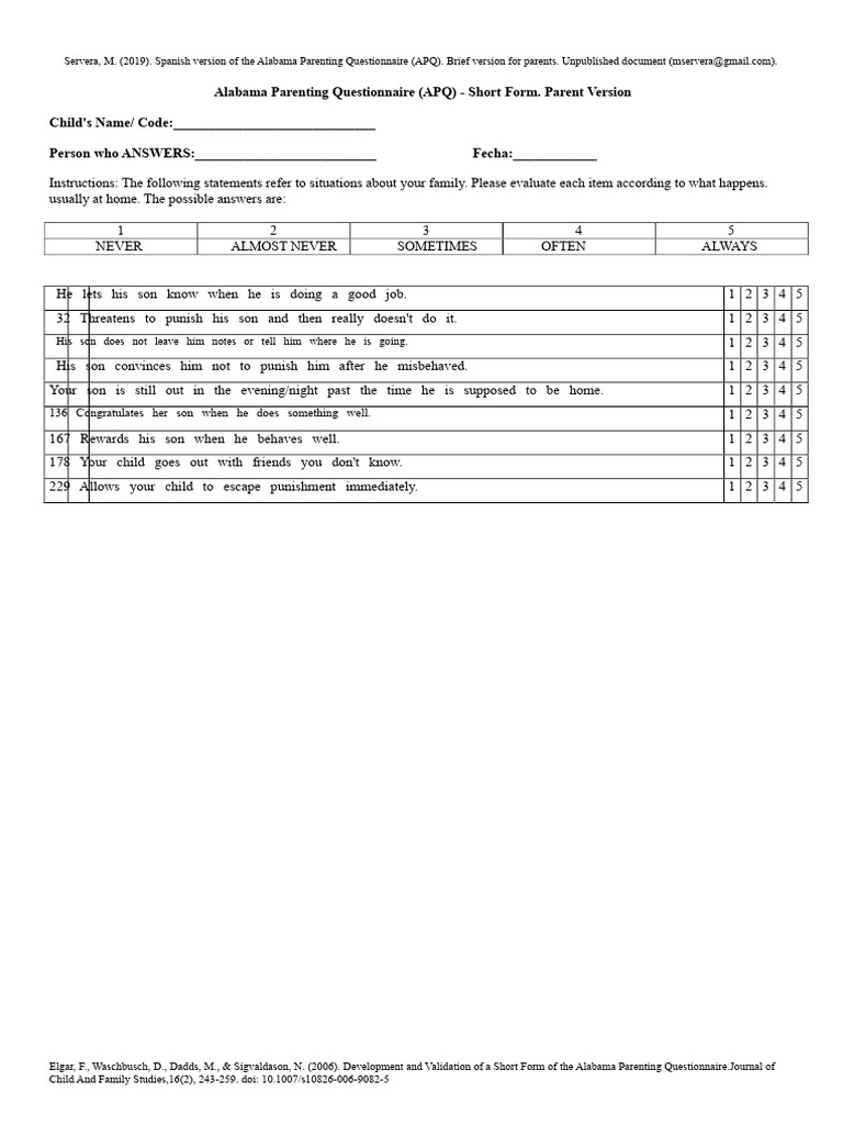 Spanish Alabama Parenting Questionnaire | PDF | Behavioural Sciences ...
