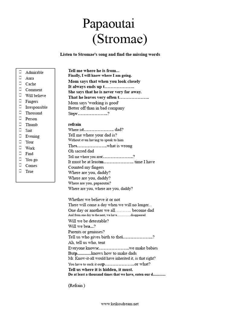 papaoutai-song-with-gaps-by-stromae-songs-audio-comprehension_70198 | PDF