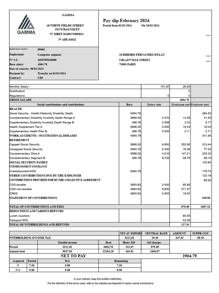 Pay slip February 2024 | PDF | Social Security (United States) | Salary