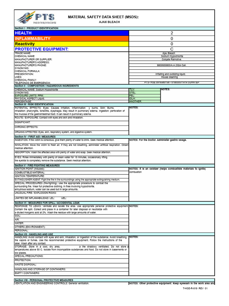 MSDS Ajax | PDF | Bleach | Toxicity