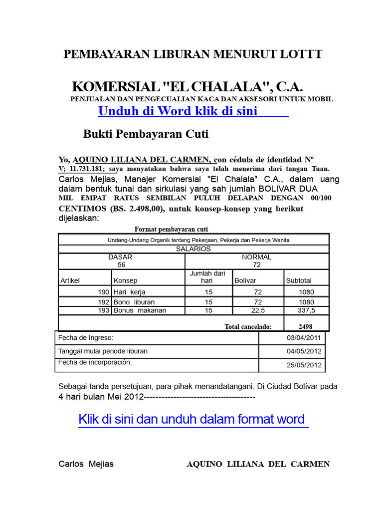 Format Model of Vacation Payment Receipt According To The LOTTT | PDF