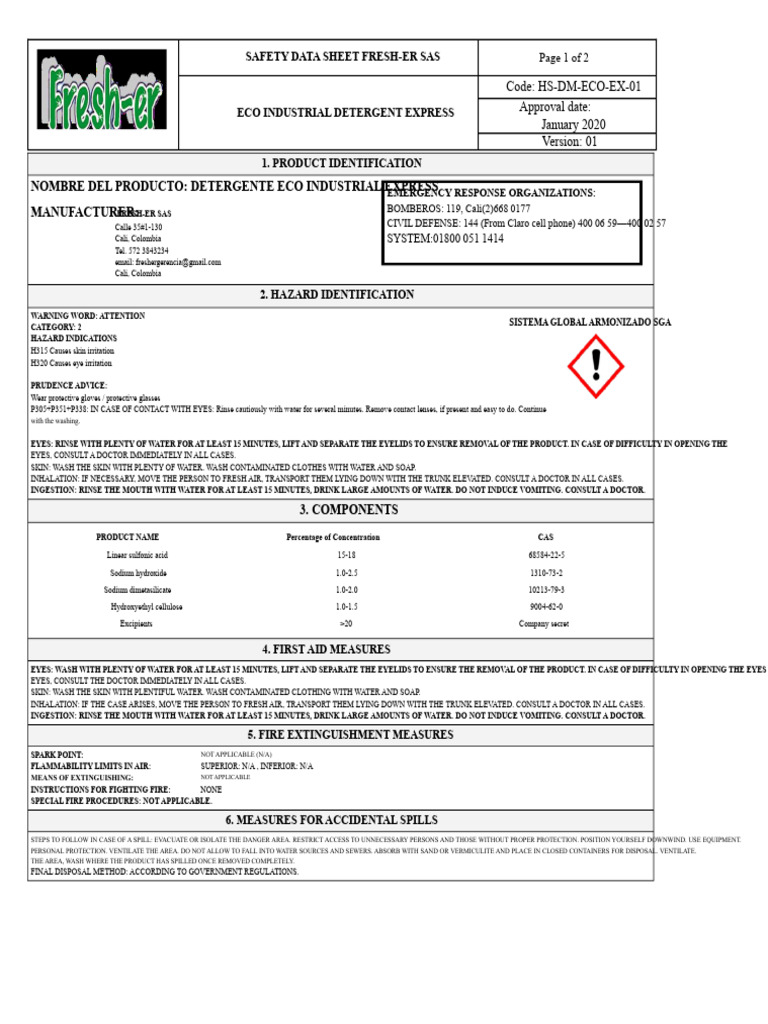 Eco Industrial Detergent Safety Data Sheet | PDF | Dangerous Goods | Safety